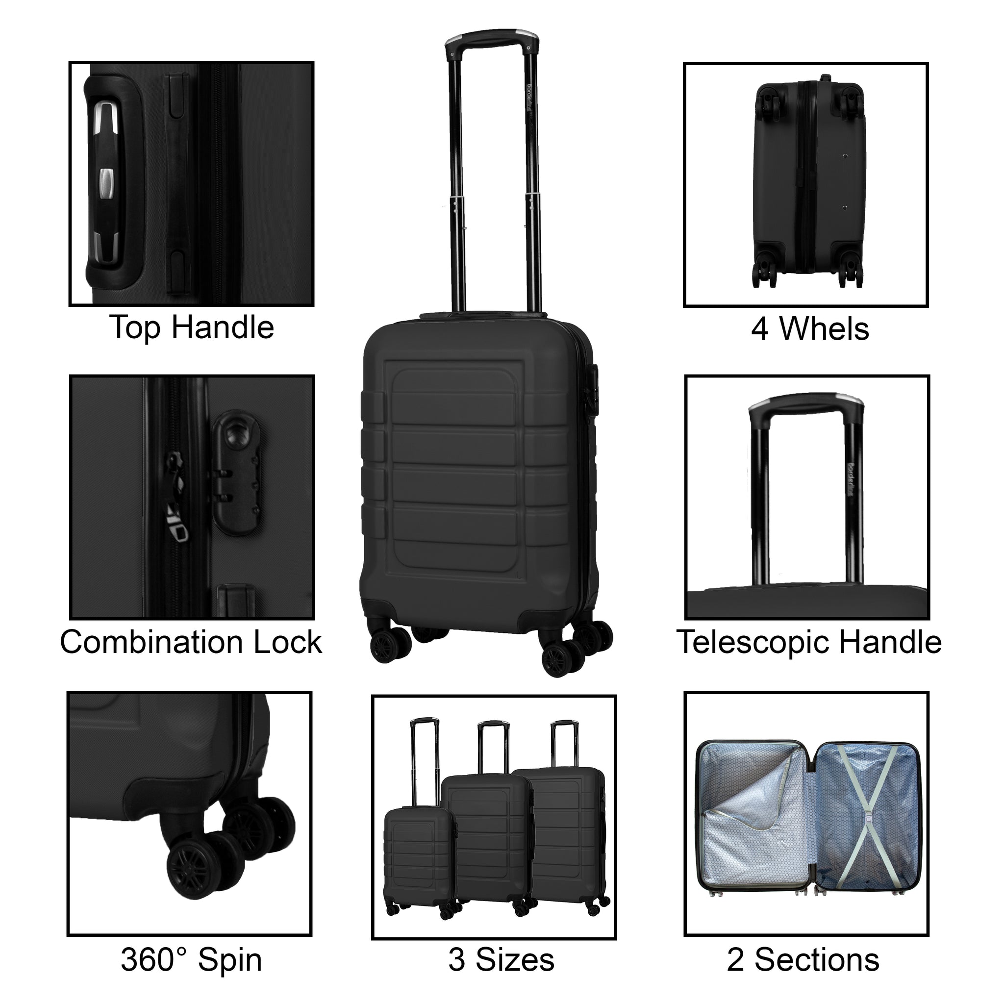 Hard Shell Suitcase with 4 Spinner Wheels, Black – Bergs Designs