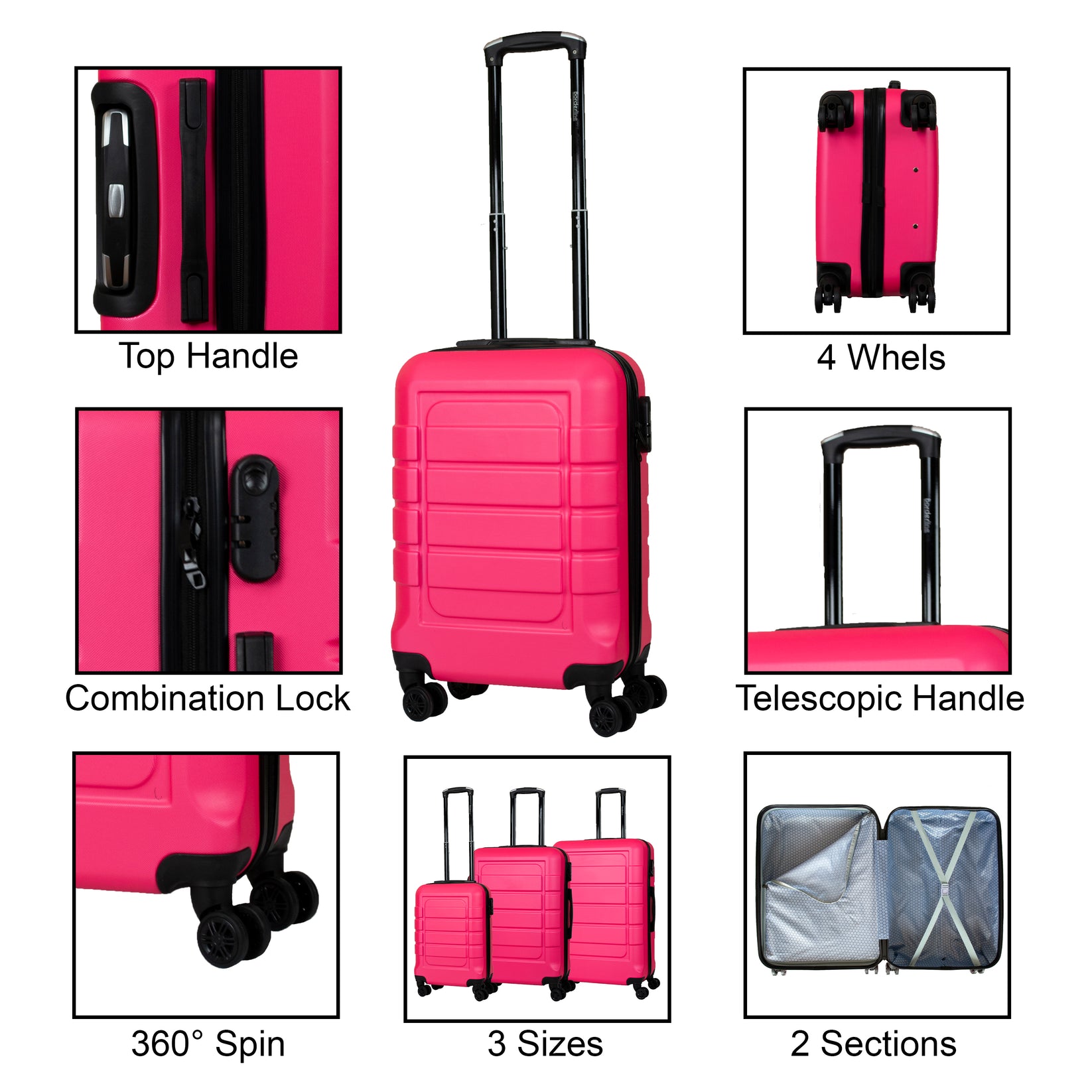 Hard Shell Suitcase with 4 Spinner Wheels, Hot Pink – Bergs Designs